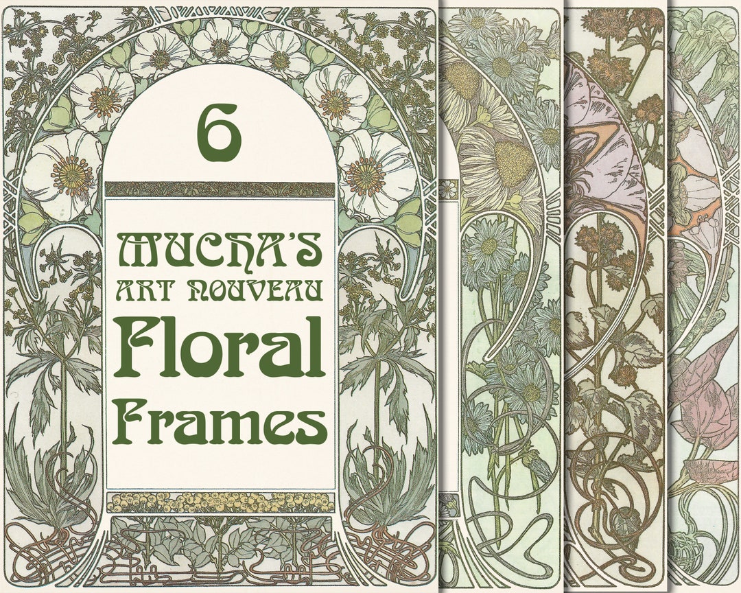 Digital Alphonse Mucha Floral Frame Pack 6, Art Nouveau, Vintage Floral ...