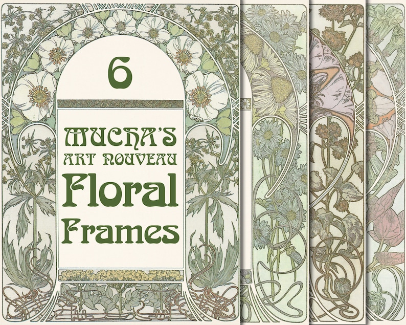 Digital Alphonse Mucha Floral Frame Pack 6, Art Nouveau, Vintage Floral ...