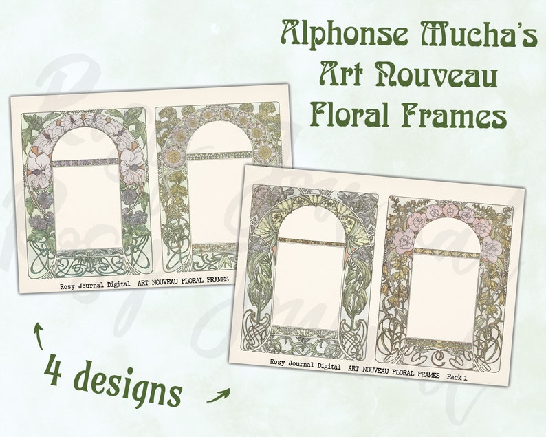 Digital Alphonse Mucha Floral Frame Pack 1, Art Nouveau, Vintage Floral ...