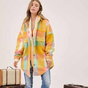 New DAVI & DANI Pastel Plaid Shacket Jacket Shirt Fuzzy Warm Oversized ...