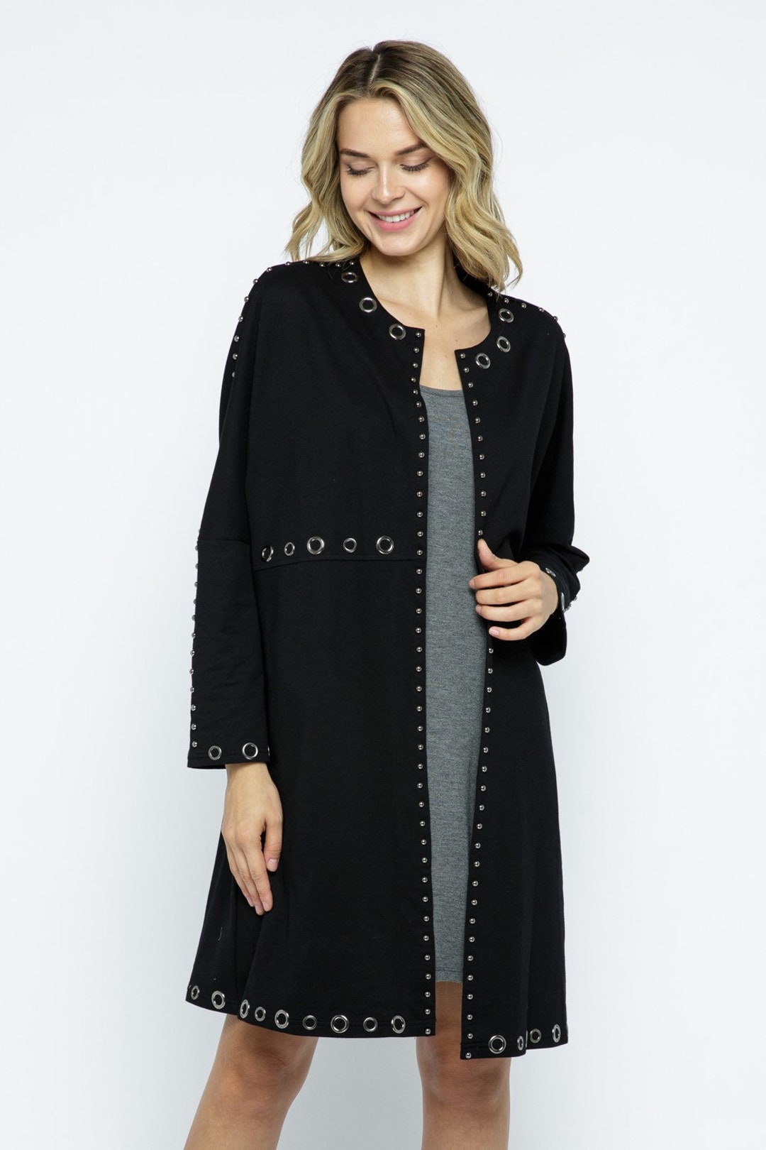 New VOCAL Coat Duster Cardigan Black Eyelet Studded Long Sleeve Western ...