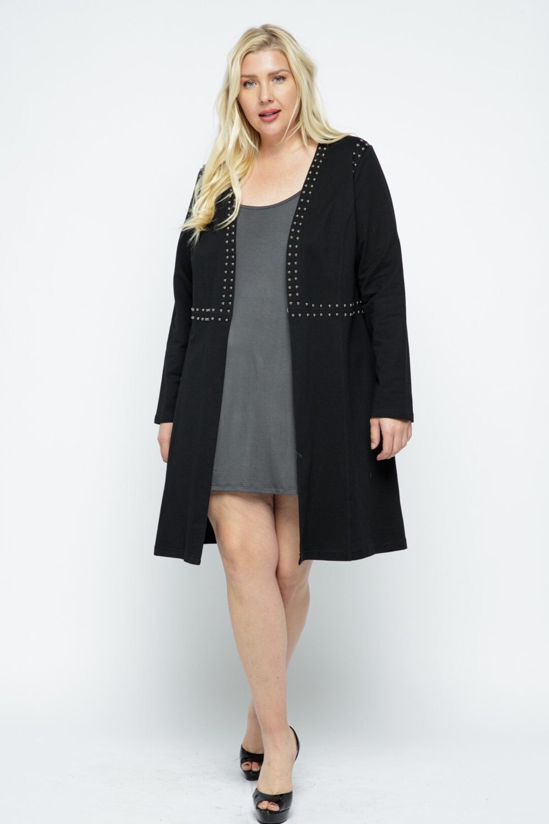 New VOCAL Coat Duster Cardigan Natural & Black Studded Long Sleeve ...