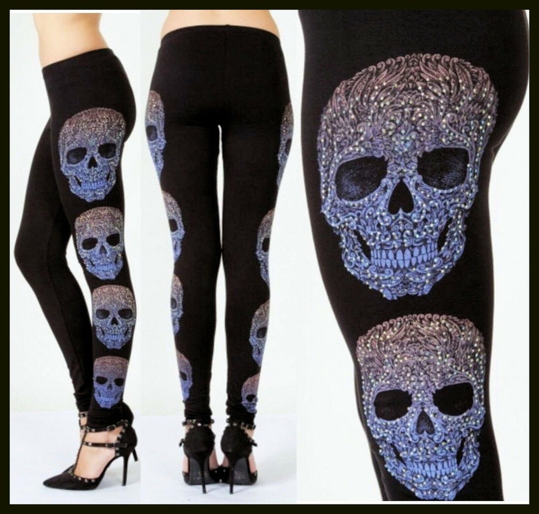 New VOCAL Rhinestone Embellished Skull Leggings Pants Rocker Biker ...