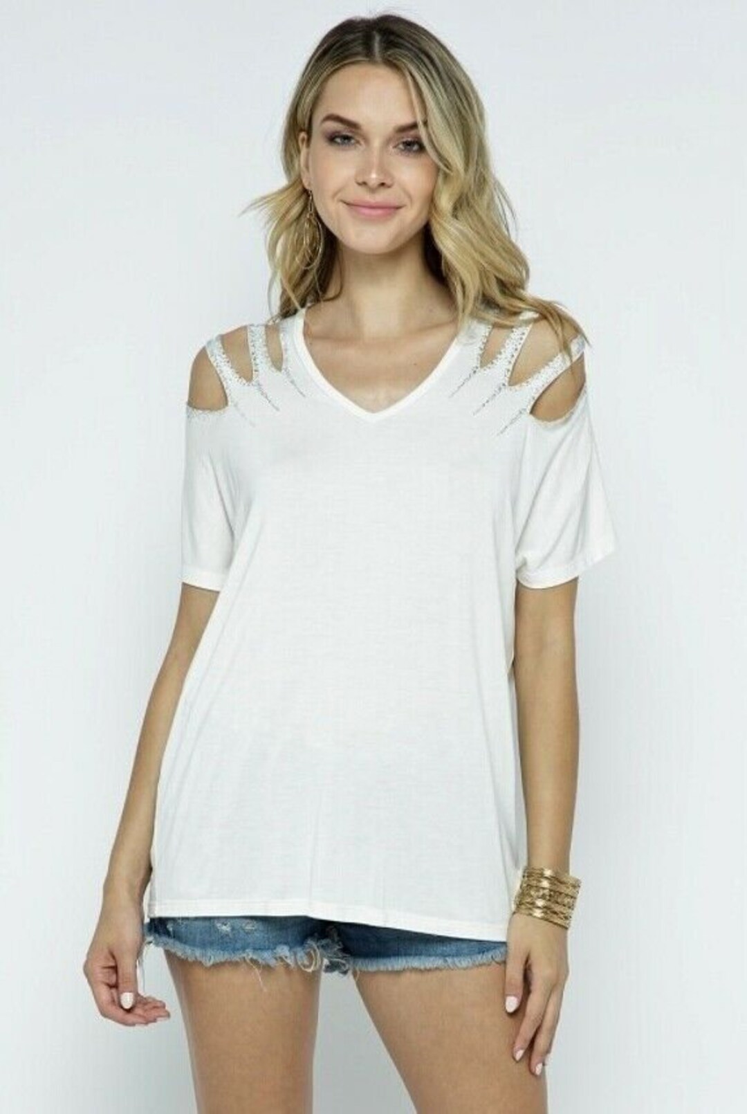 Nwt Vocal Laser Cut Tunic Shirt Tunic Bling off White Rhinestones Sexy ...