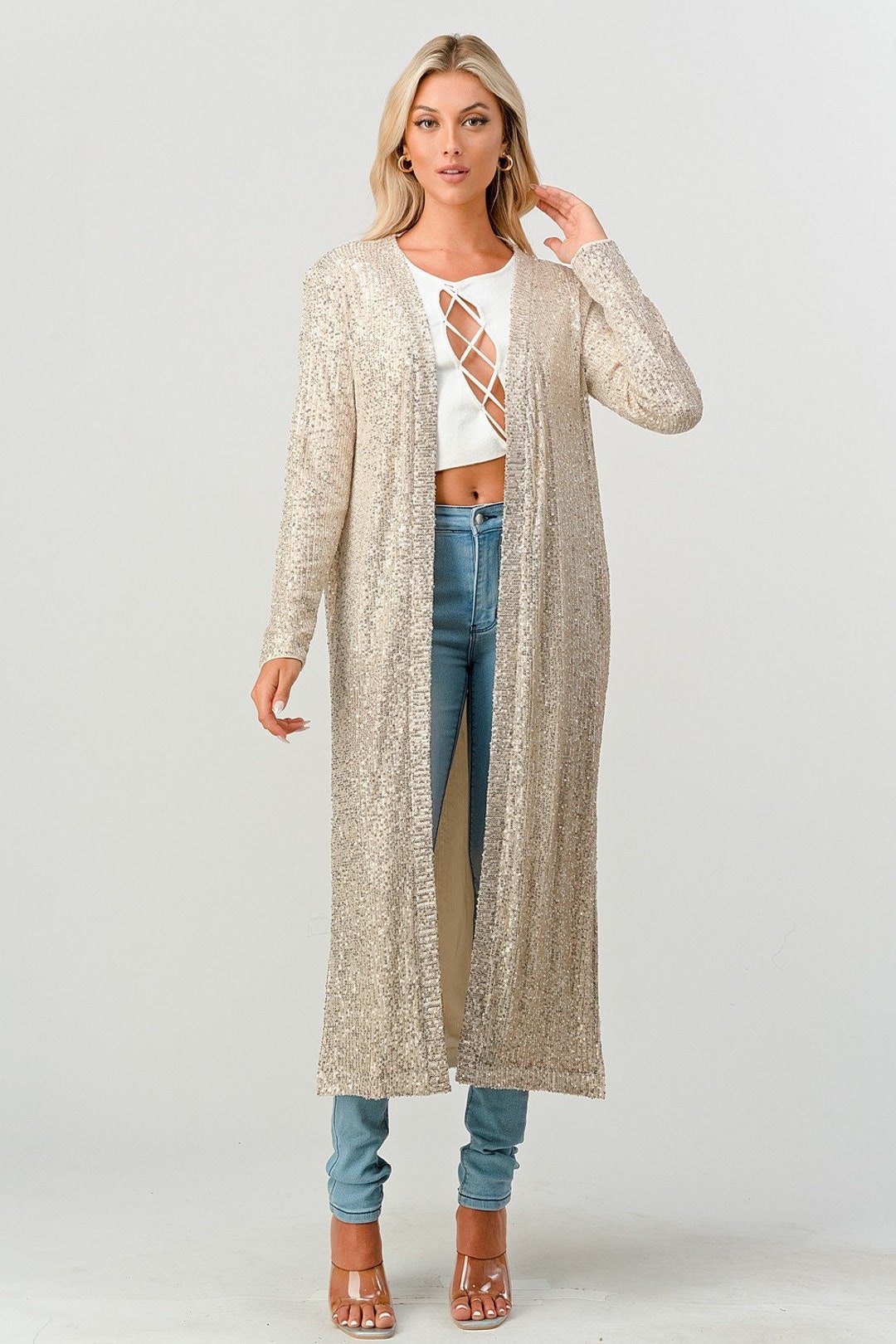 New BEIVY Sequins Long Maxi Cardigan Wrap Shirt Jacket Sm-lg Top Trend ...
