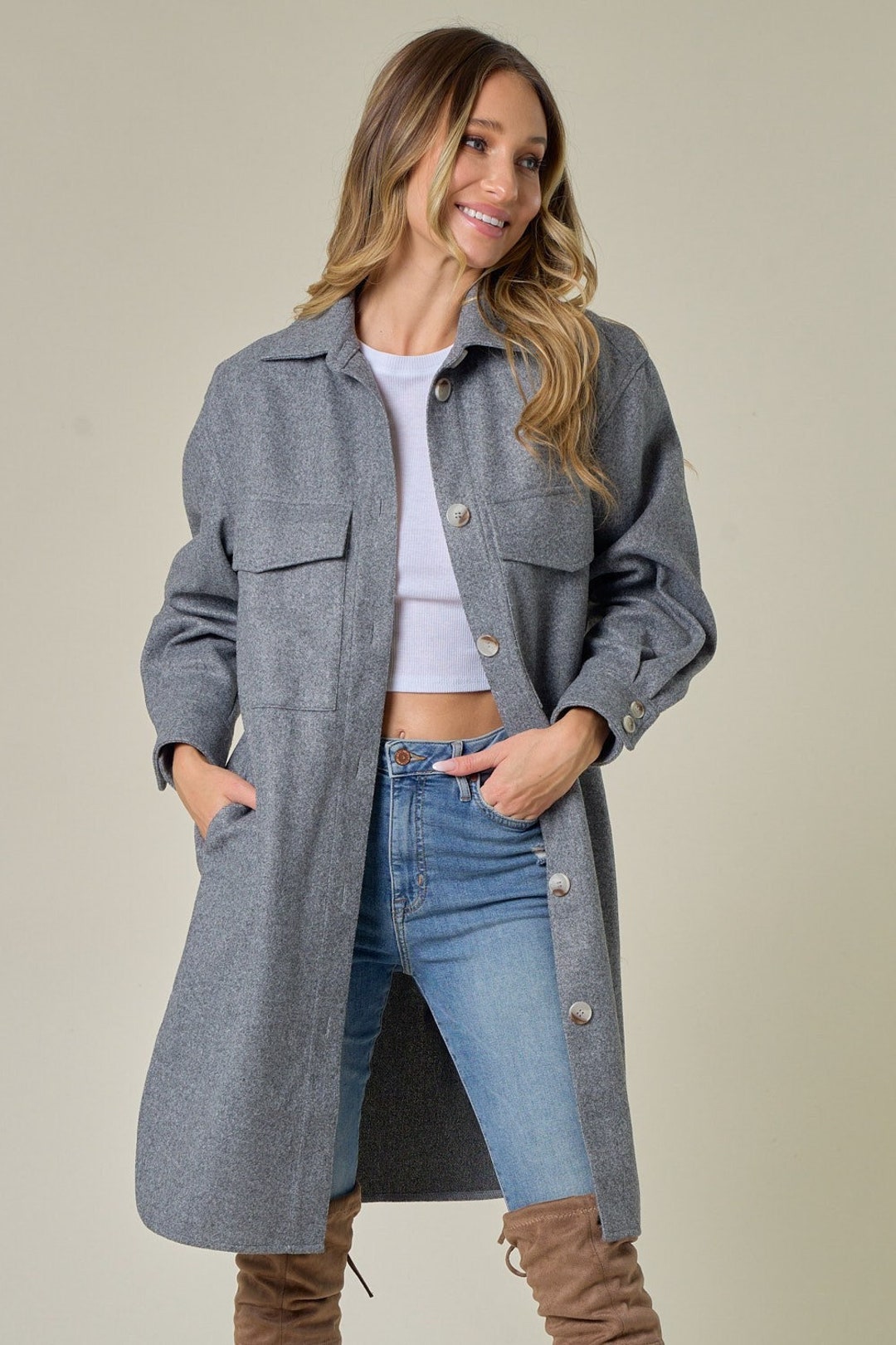 New ON BLUE Solid Gray Brushed Flannel Shacket Shirt Long Coat Pockets ...