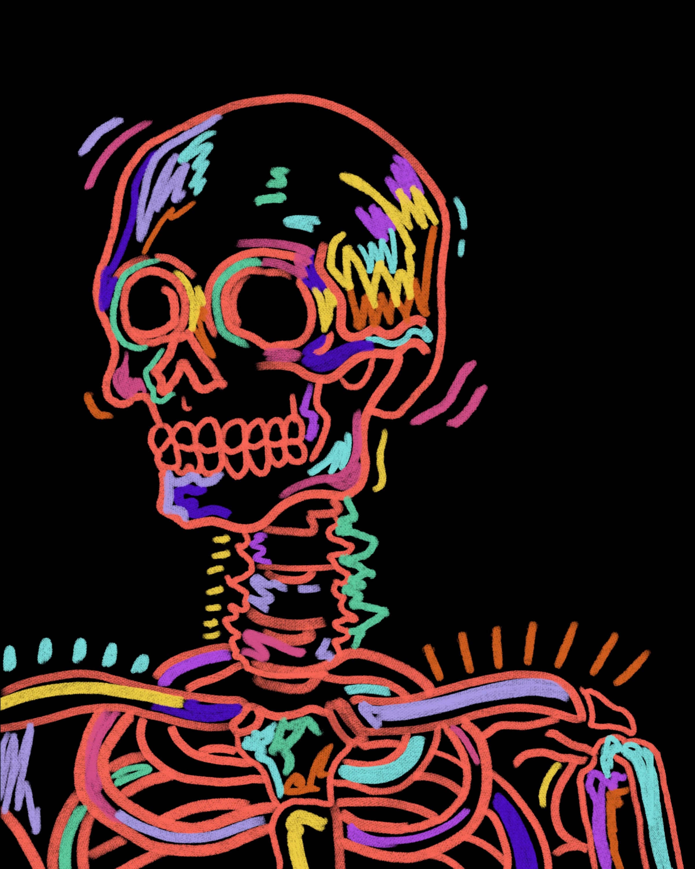 Skeleton Art Print, Colorful Skull Wall Art, Spooky Art, Halloween ...