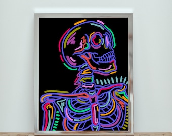 Skeleton Art Print, Colorful Skull Wall Art, Spooky Art, Halloween ...