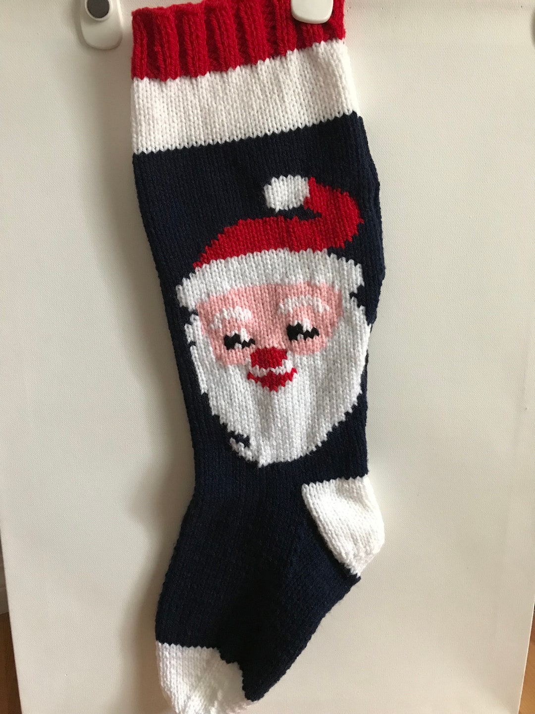Santa - Navy Blue Santa (red Cuff) Claus Knit Christmas Stocking (blue ...