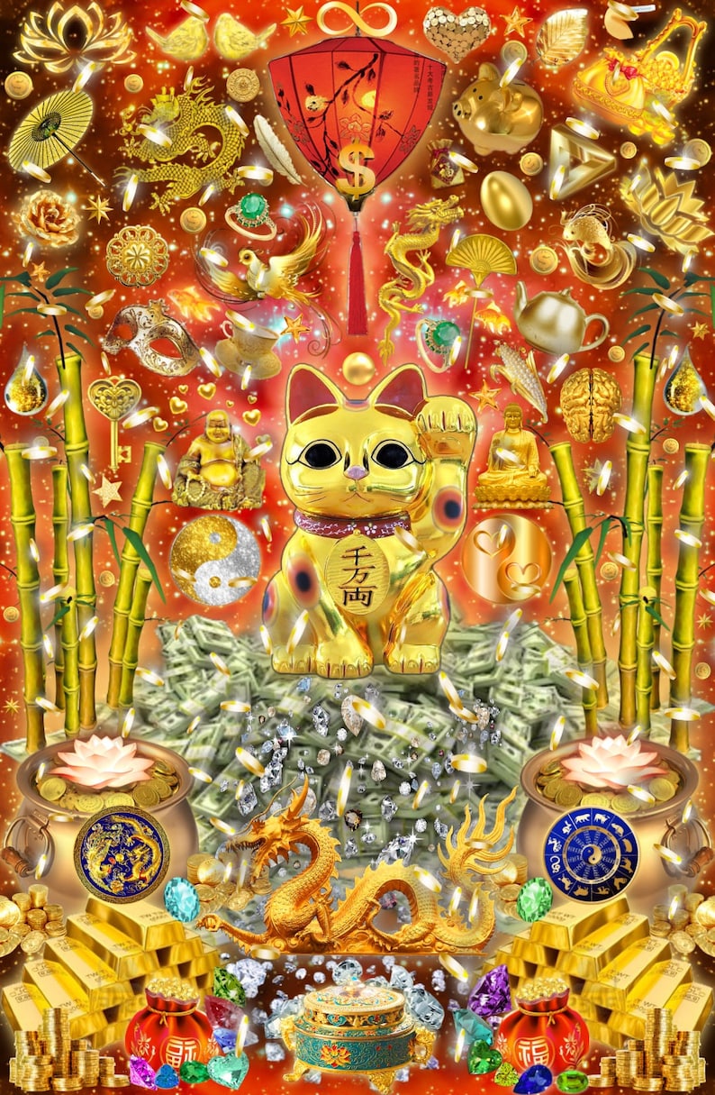 Prosperity Poster Gold Maneki Neko - Portal Vision Board Sigil Manifestation Money Drawing ...