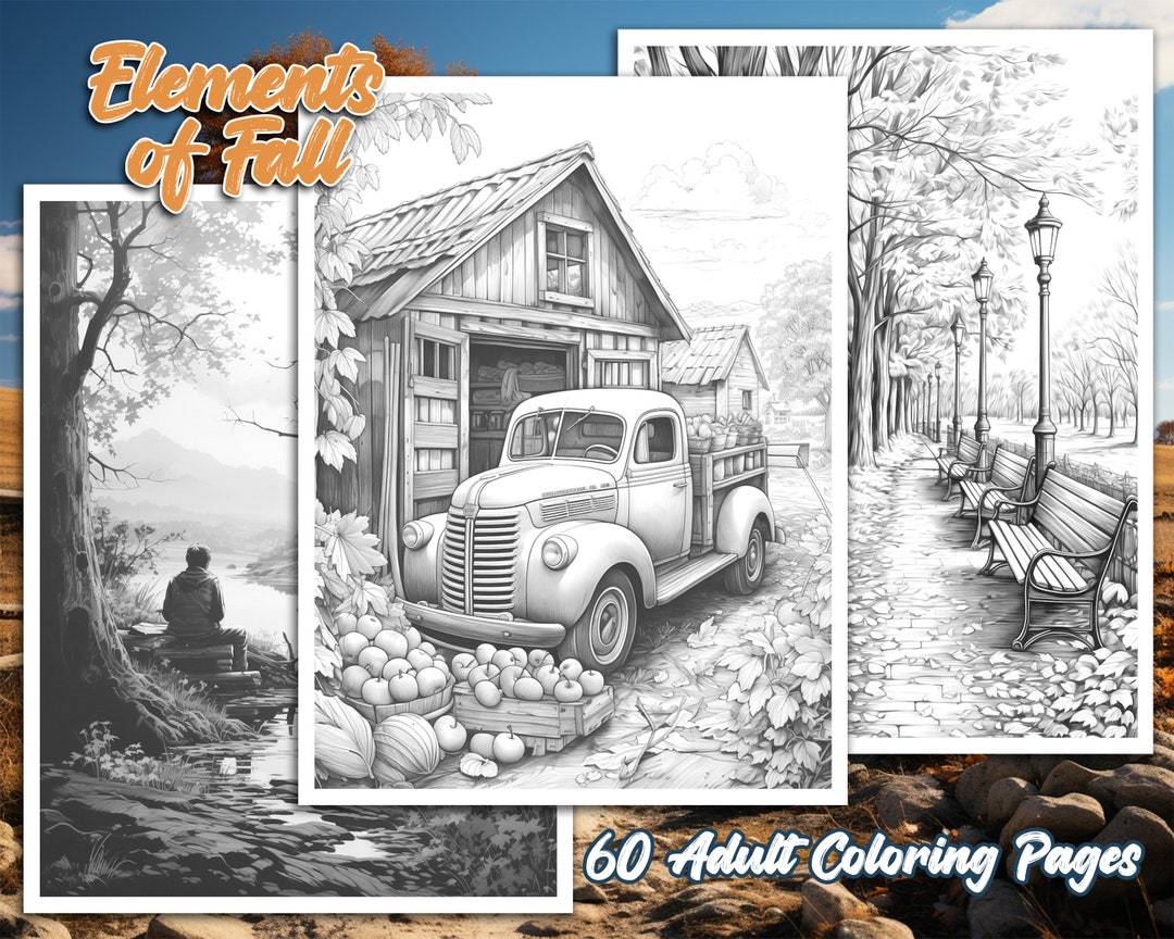 Elements of Fall Adult Coloring Book for the Autumn Season 60 Pages of ...