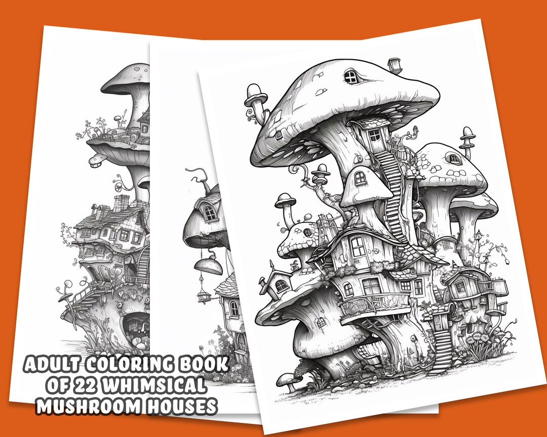 22 Whimsical Mushroom Houses Adult Coloring | Gnome Homes - Etsy