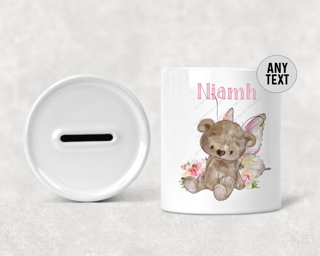 Personalised Teddy Bear Money Box, Sitting Butterfly Bear Piggy Bank ...