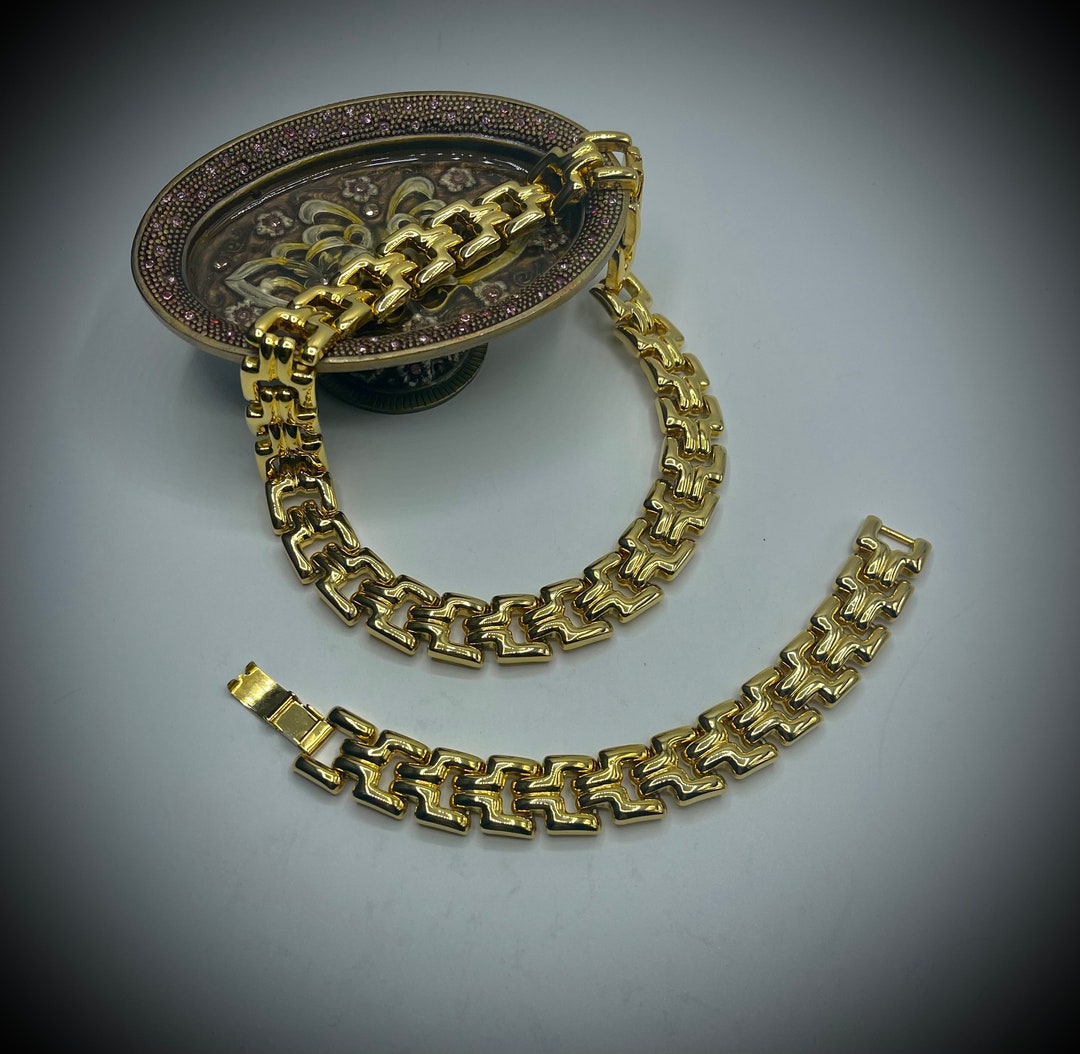 Vintage 14K Gold Dipped Chucky Statement Necklace and Matching Bracelet ...