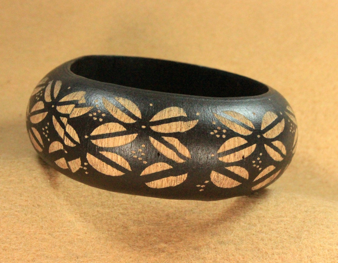Hand Carved Wooden Bracelet With Engraved Floral Design. - Etsy