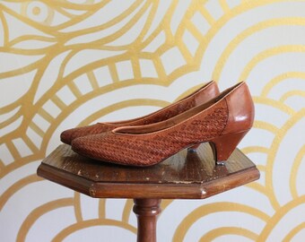 Vintage 1980s New Old Stock Woven Leather Flats, Cognac Brown 80s Slip ...