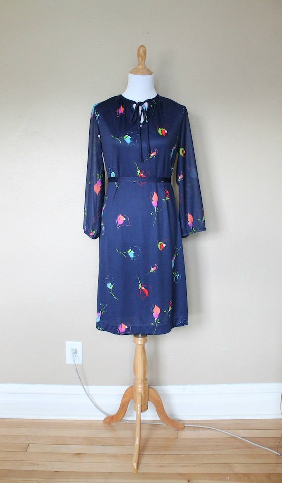 1970s Vintage Blue Floral Pattern Dress - Gem