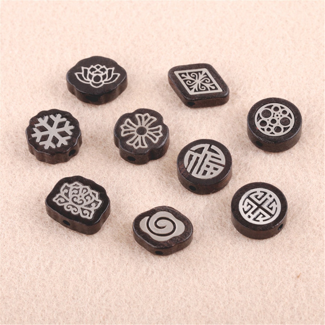 10 Ebony Wood Beads: Carved Silver Inlay Pendants, DIY Crafts LW042 - Etsy
