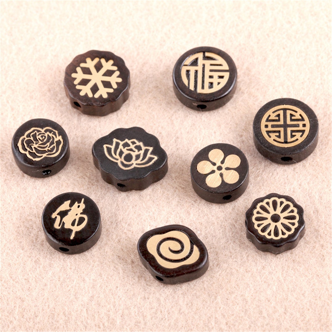 30pcs Ebony Wooden Beads With Brass Inlay: Carved Pendants LW035 - Etsy