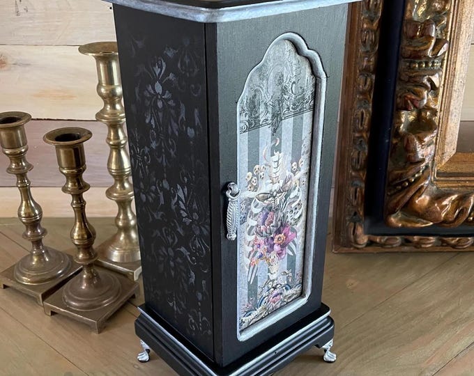 Gothic Vintage Jewelry Box, Decoupaged, Damask Stenciled, Black ...