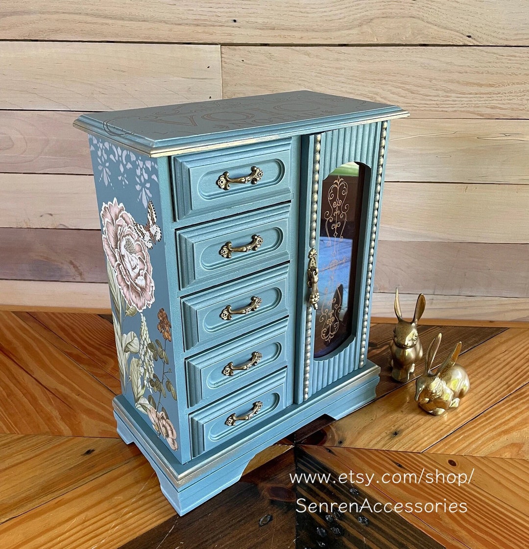 Large Vintage Blue Jewelry Box Decor Transferred Stenciled - Etsy