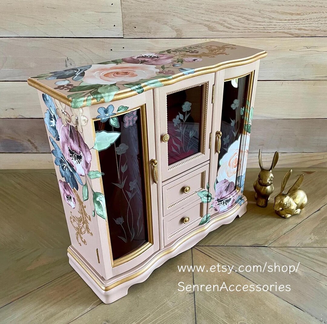 Large Beige Pink Jewelry Box, Decor Transferred, Stamped, Stenciled ...