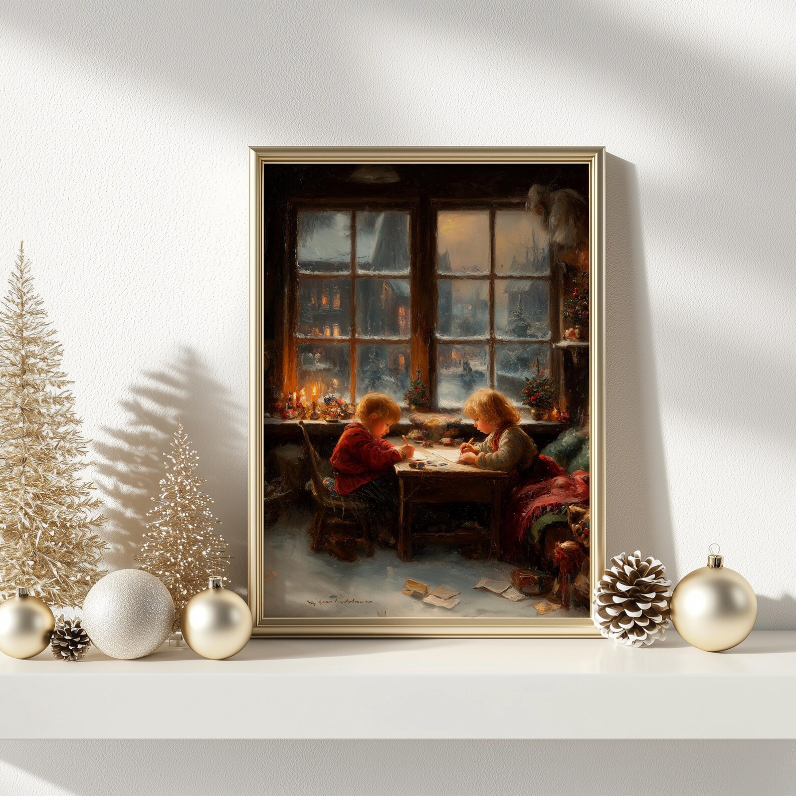 Vintage Christmas Children Writing Letters to Santa, Cozy Traditional ...