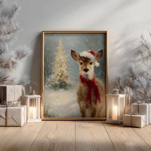 Christmas Fawn Wall Print, Santa Hat Baby Deer Portrait, Cozy Woodland ...