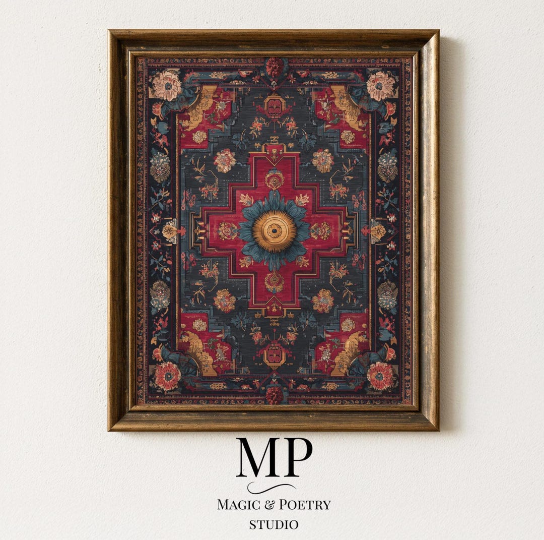 Vintage Persian Rug Wall Art | Antique Textile Print | Dark Red ...