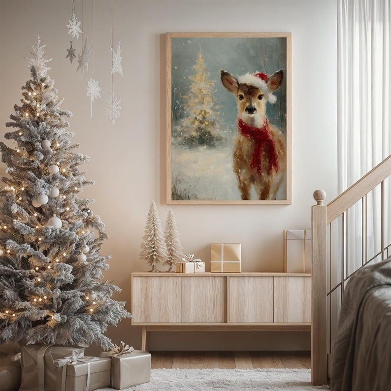 Christmas Fawn Wall Print, Santa Hat Baby Deer Portrait, Cozy Woodland ...