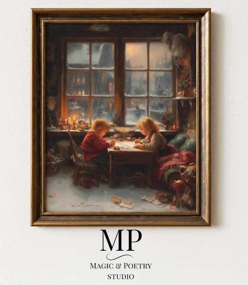 Vintage Christmas Children Writing Letters to Santa, Cozy Traditional ...