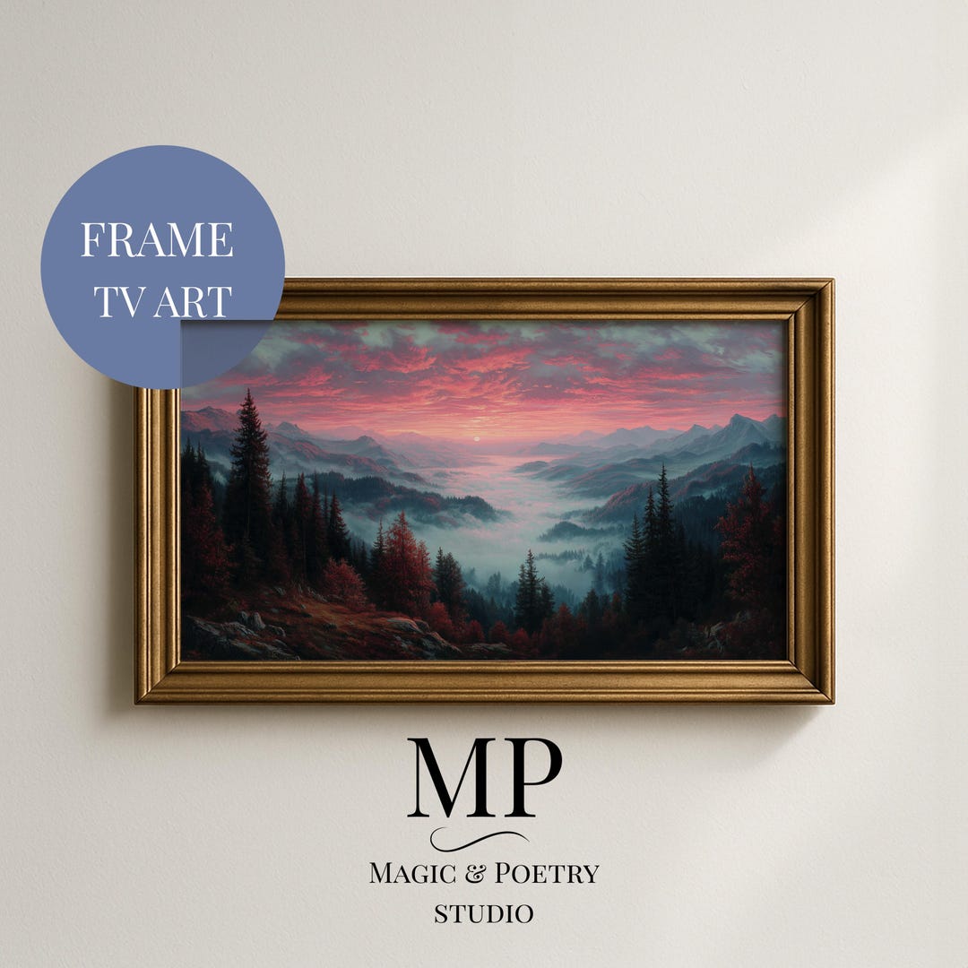Fiery Sunrise Mountain Valley Frame TV Art, Misty Landscape Painting ...