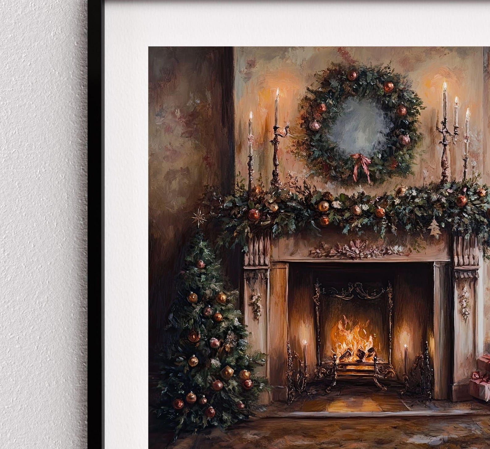 Victorian Christmas Fireplace Wall Art – Rustic Holiday Oil Painting ...