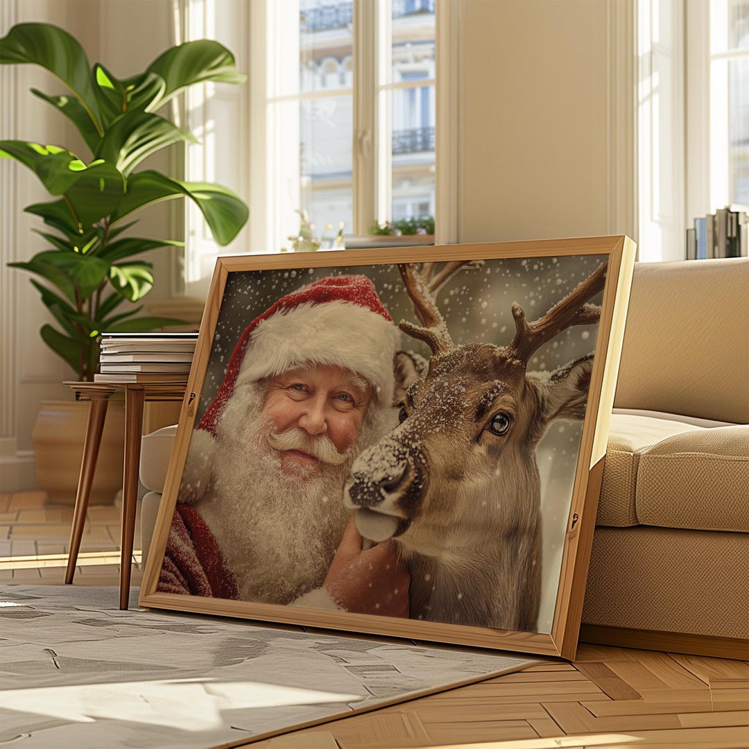 Vintage Santa and Reindeer Wall Art | Retro Christmas Scene ...