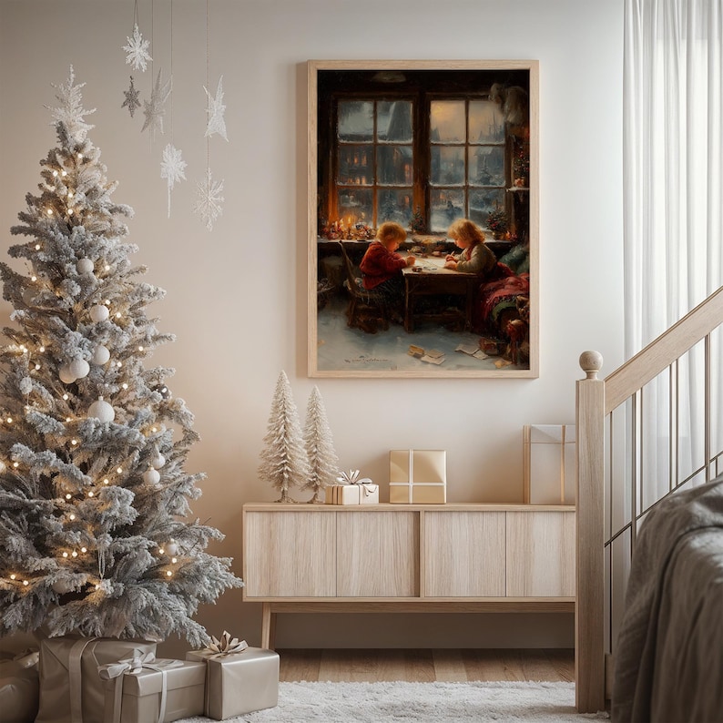 Vintage Christmas Children Writing Letters to Santa, Cozy Traditional ...