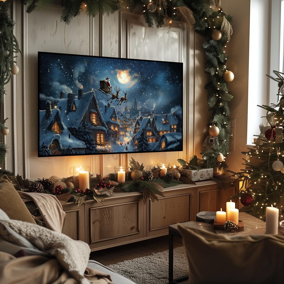 Santa Flying Over Snowy Village – Moody Christmas TV Art – Festive ...