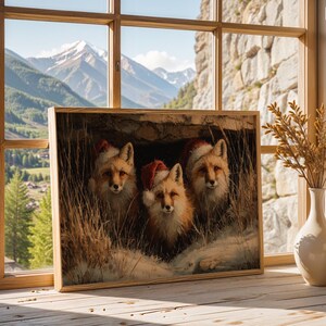 Christmas Fox Wall Art – Trio of Red Foxes in Santa Hats, Woodland ...