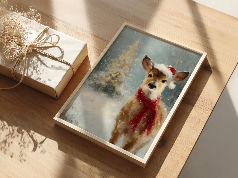 Christmas Fawn Wall Print, Santa Hat Baby Deer Portrait, Cozy Woodland ...
