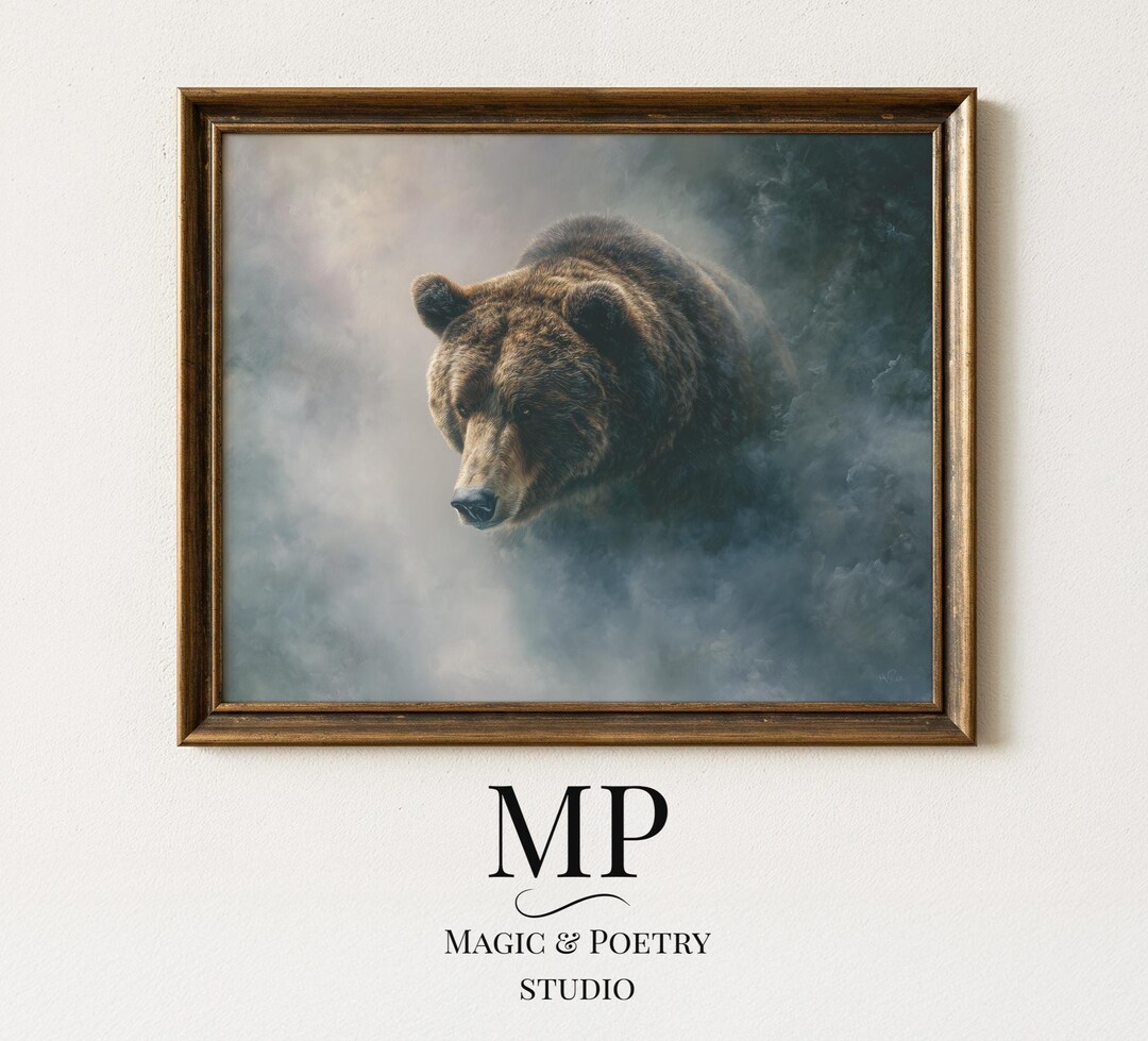 Moody Bear Portrait Wall Art – Misty Wildlife Print, Dark Forest Animal ...