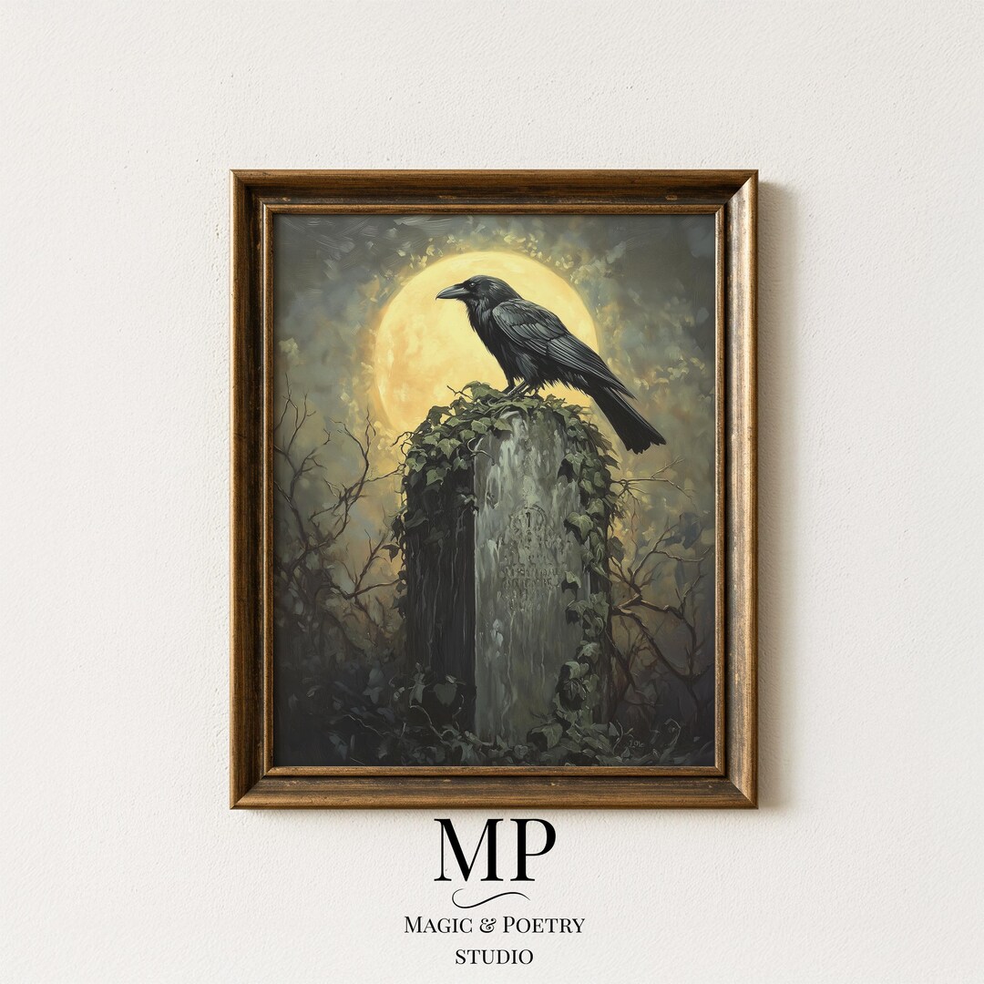 Moody Raven on Gravestone - Dramatic Oil Painting, Vintage Wall Art ...
