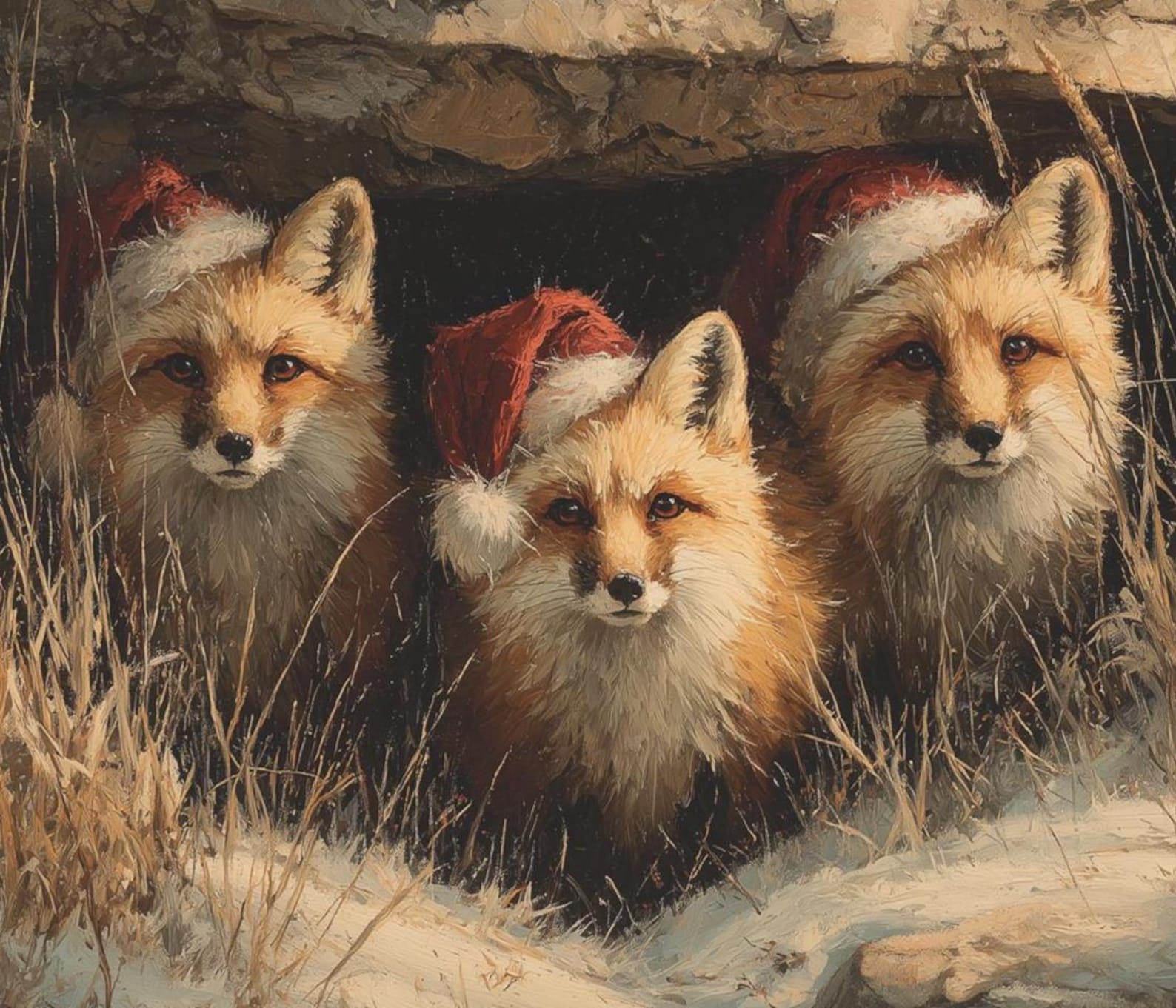 Christmas Fox Wall Art – Trio of Red Foxes in Santa Hats, Woodland ...
