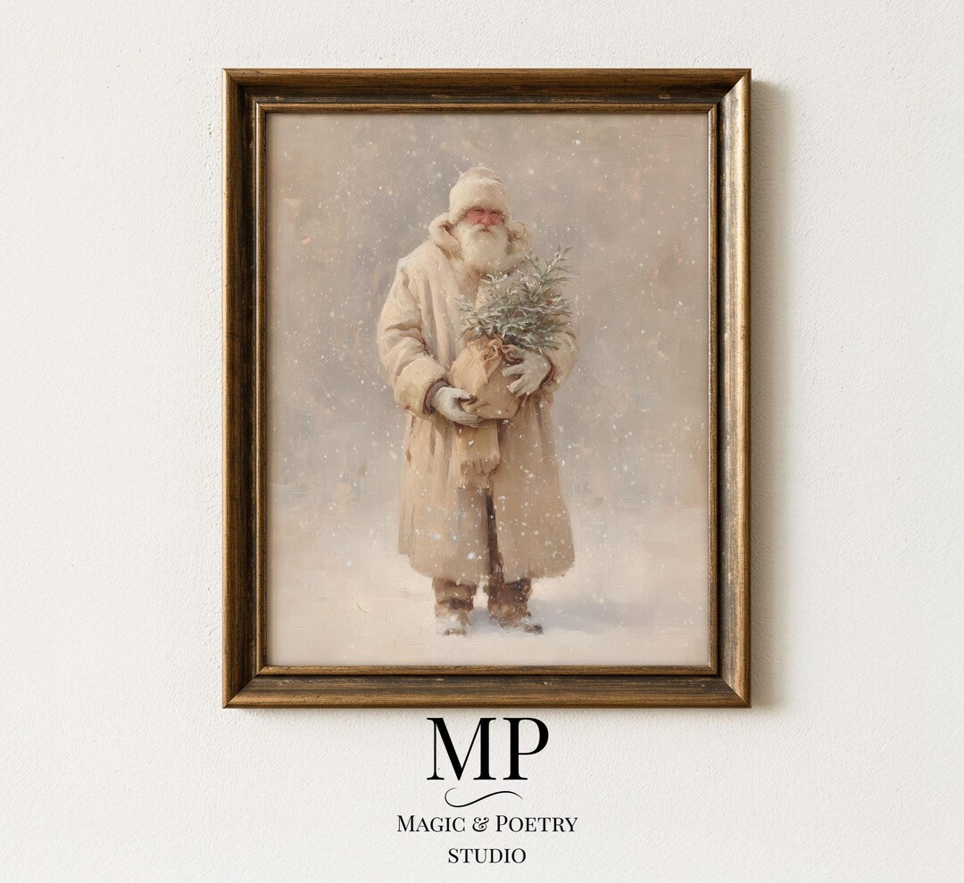 Christmas Santa Print Neutral Santa Holding Tree, Beige Nordic Wall Art ...