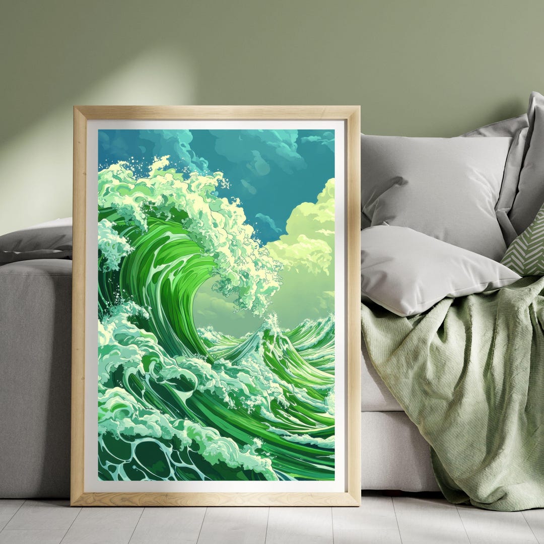 Navy Blue and Lime Green Wall Art – Wave Printable – Bold Ocean Decor ...