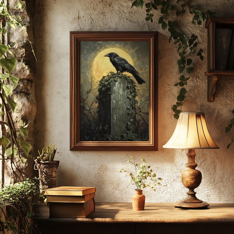 Moody Raven on Gravestone - Dramatic Oil Painting, Vintage Wall Art ...