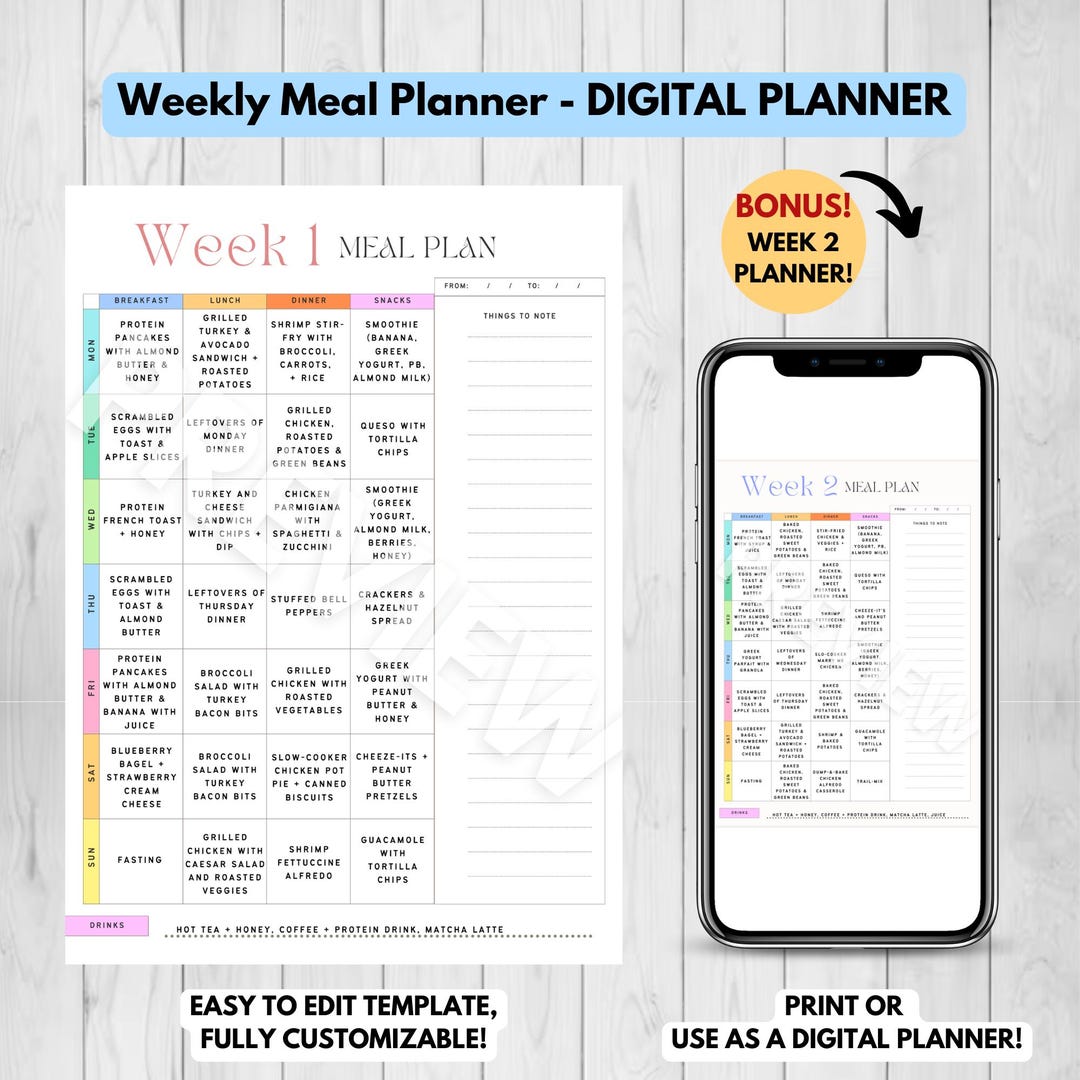 2 Week Meal Planner Printable - Meal Tracker, Weekly Meal Planning ...