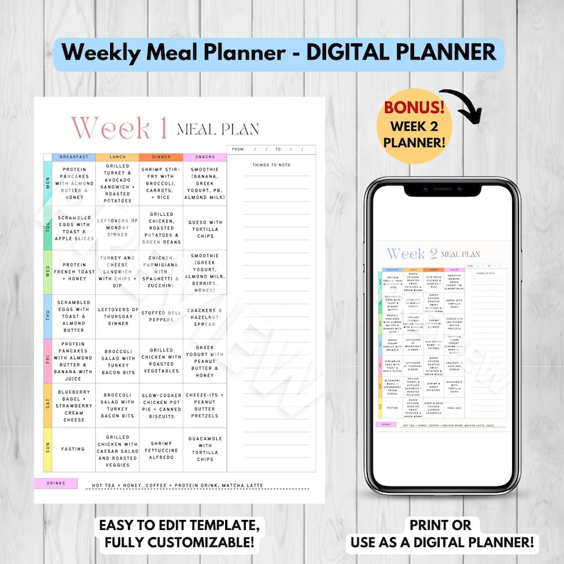 2 Week Meal Planner Printable - Meal Tracker, Weekly Meal Planning ...