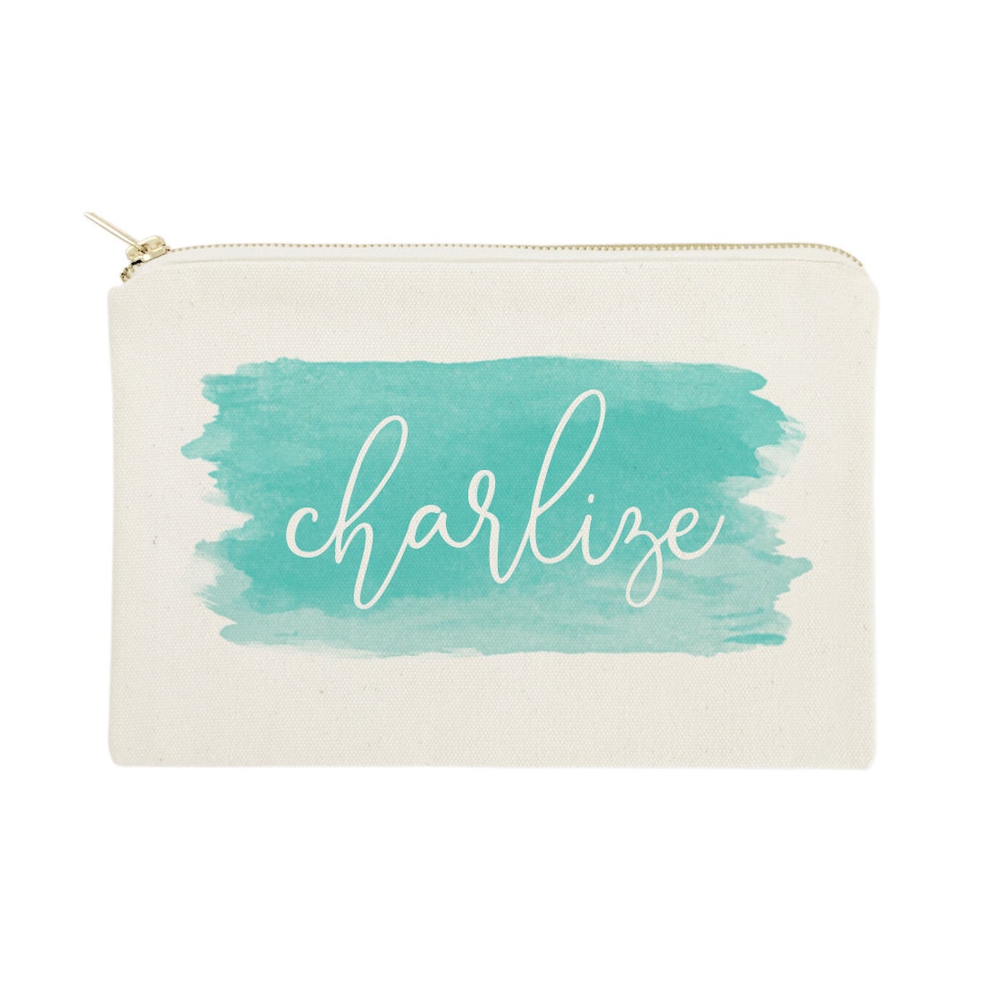 Personalized Name Aqua Watercolor Cotton Canvas Cosmetic Bag and Travel ...
