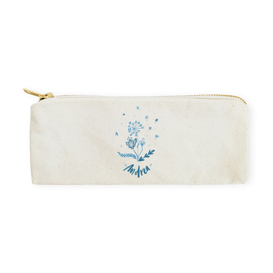 Personalized Name Blue Floral Cotton Canvas Pencil Case and Travel ...