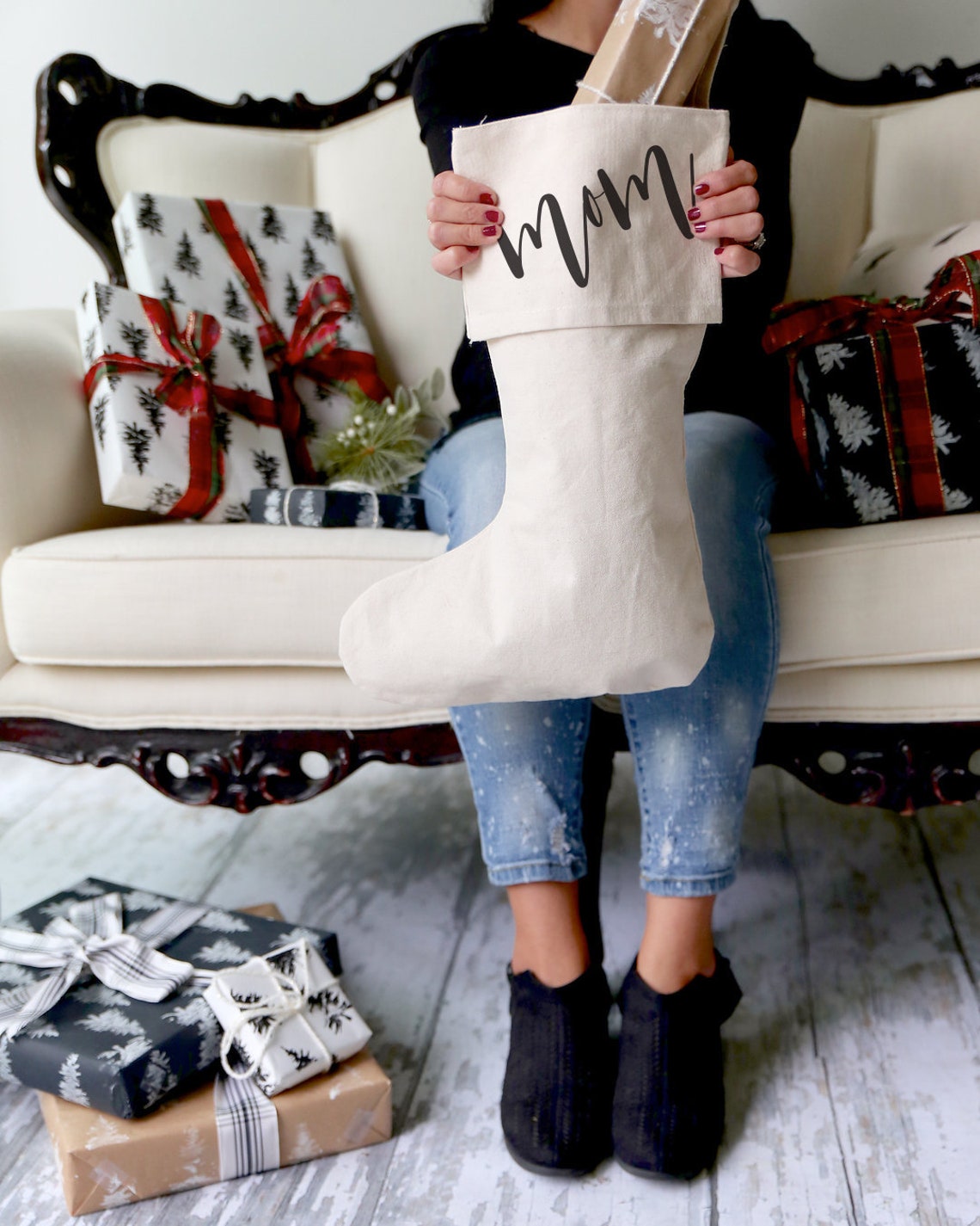 Mom Cotton Canvas Christmas Stocking for Presents, Gift Bag, and ...