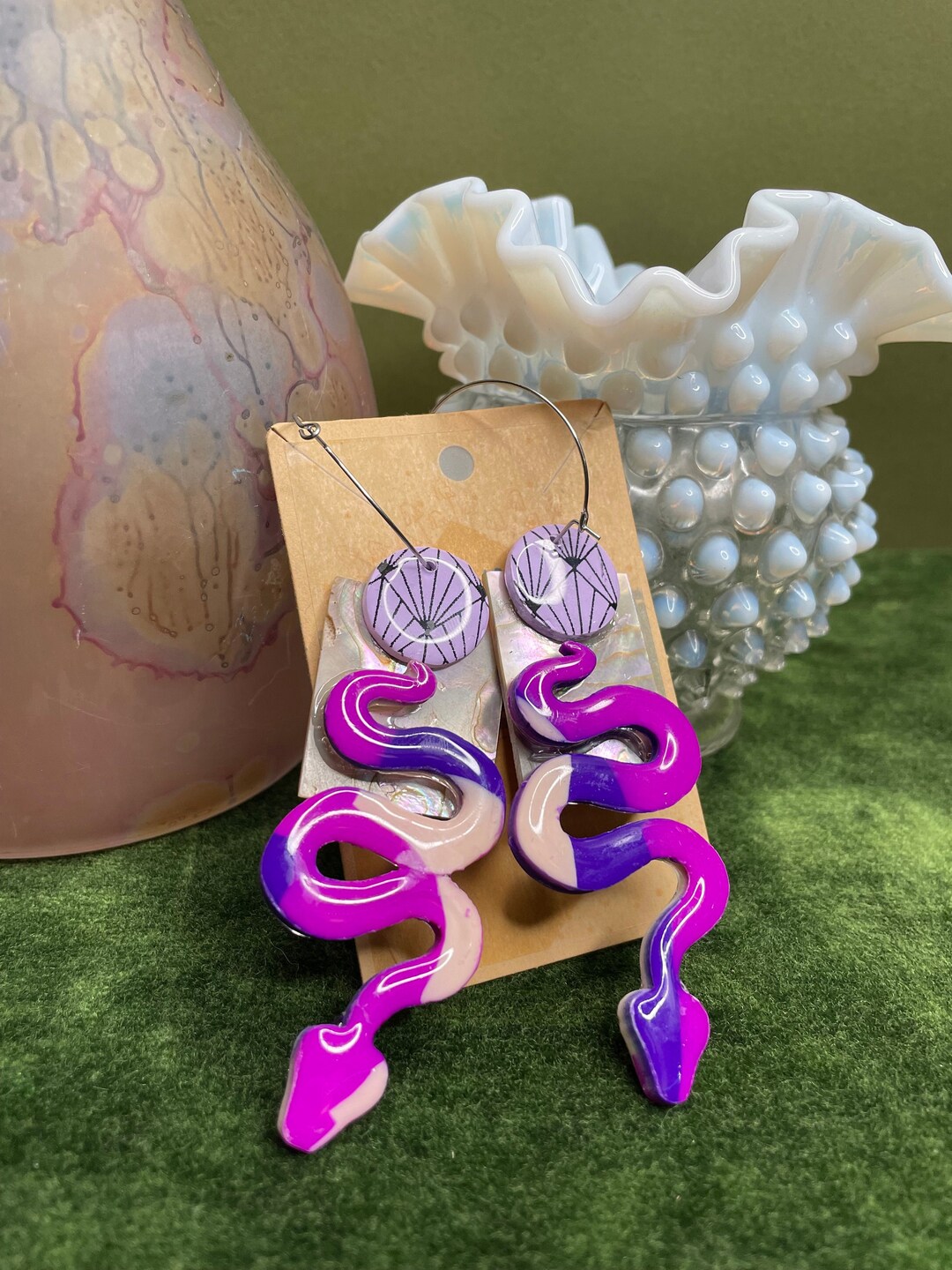 Purple Abalone & Snake Polymer Clay Earrings Handmade Hoop Earrings ...